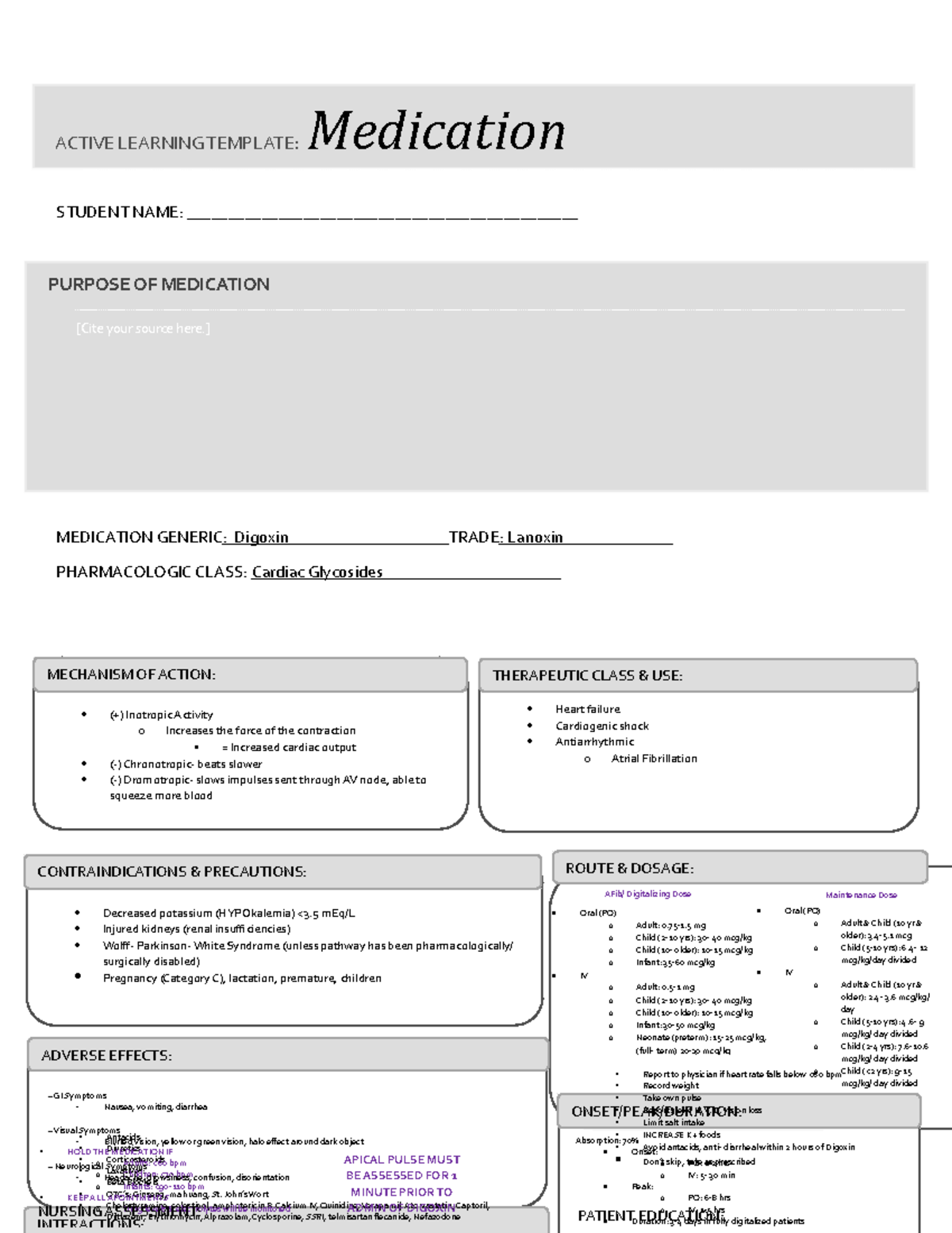 Digoxin Med Sheet - STUDENT NAME ...