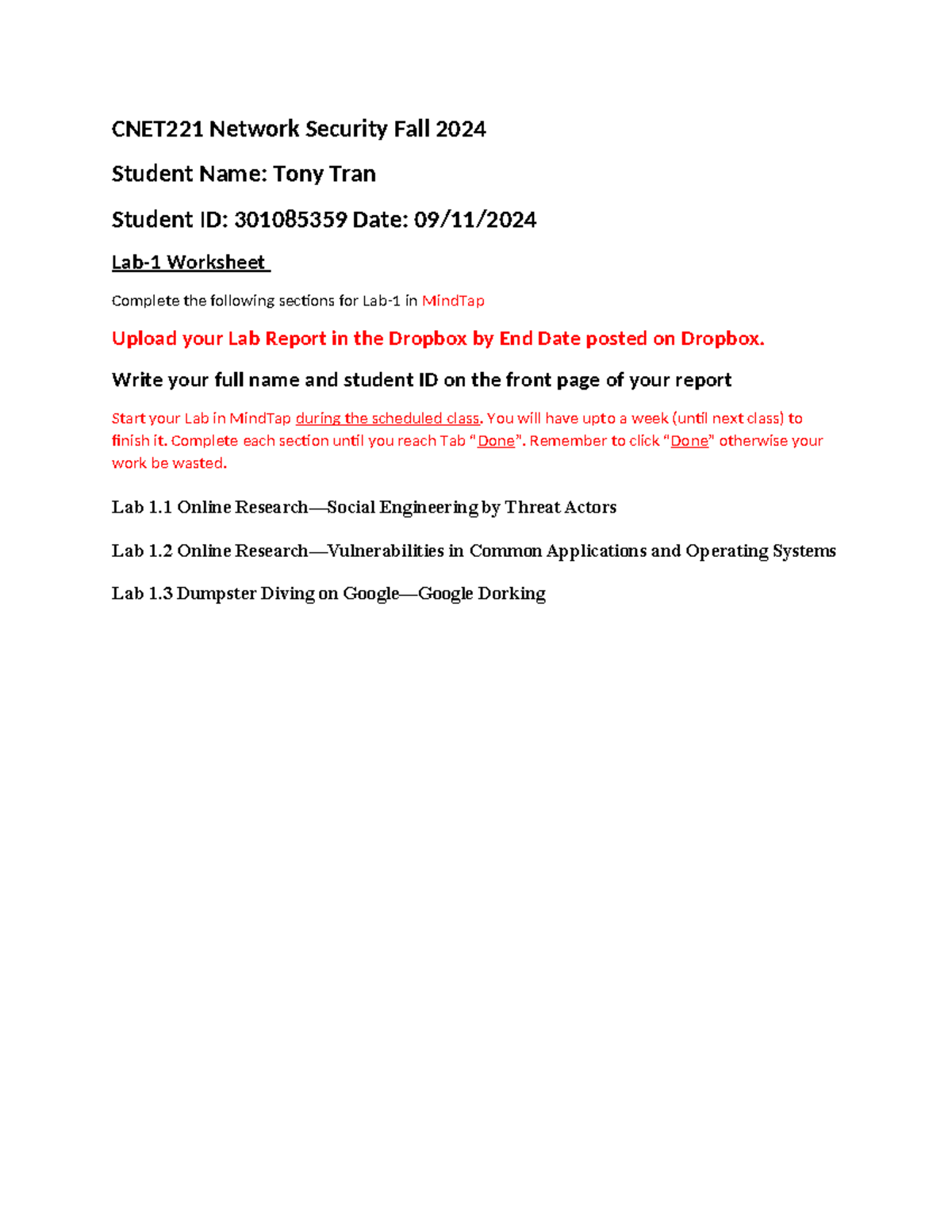 Lab 1 Worksheet Tony Tran 301085359 - CNET221 Network Security Fall ...