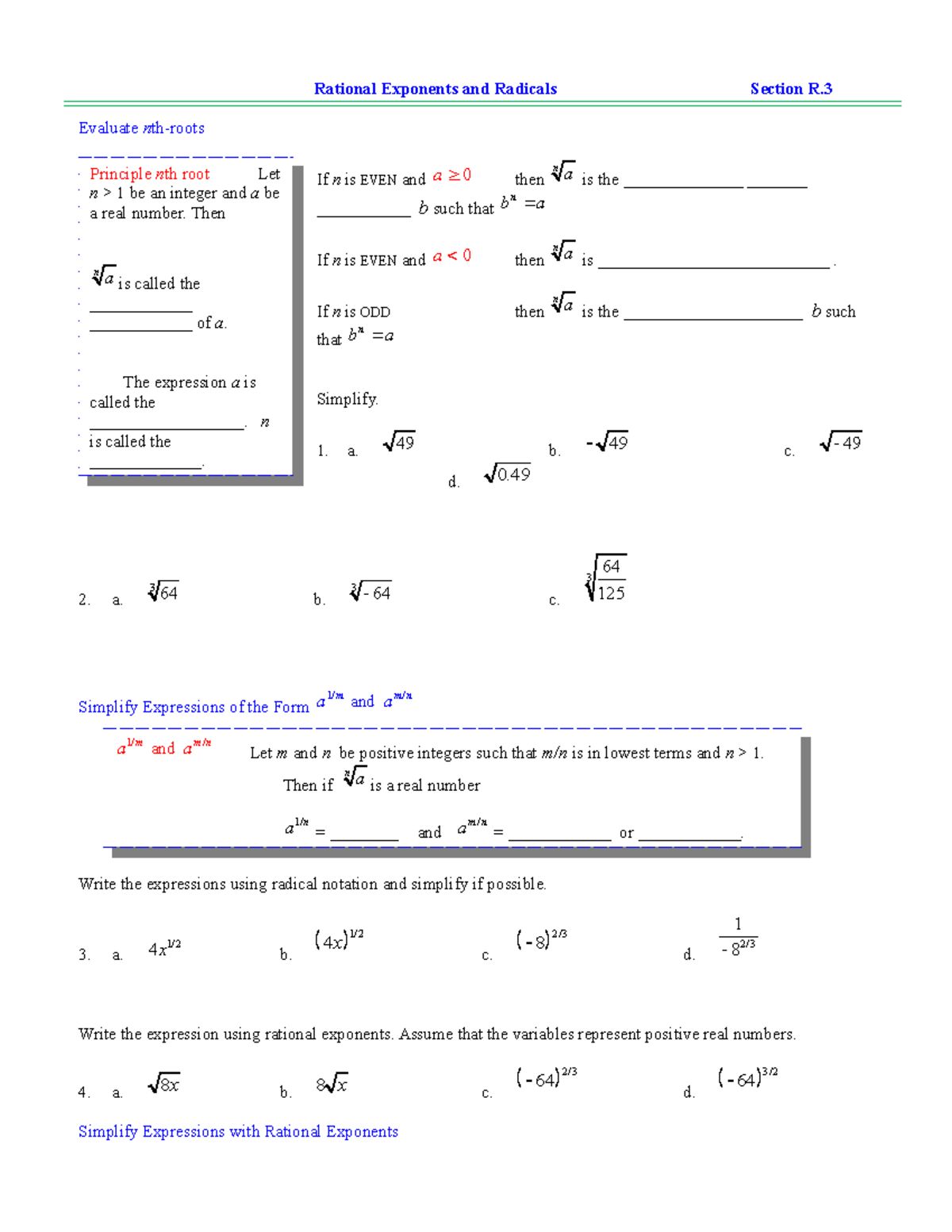section r3 print out - Rational Exponents and Radicals Section R ...