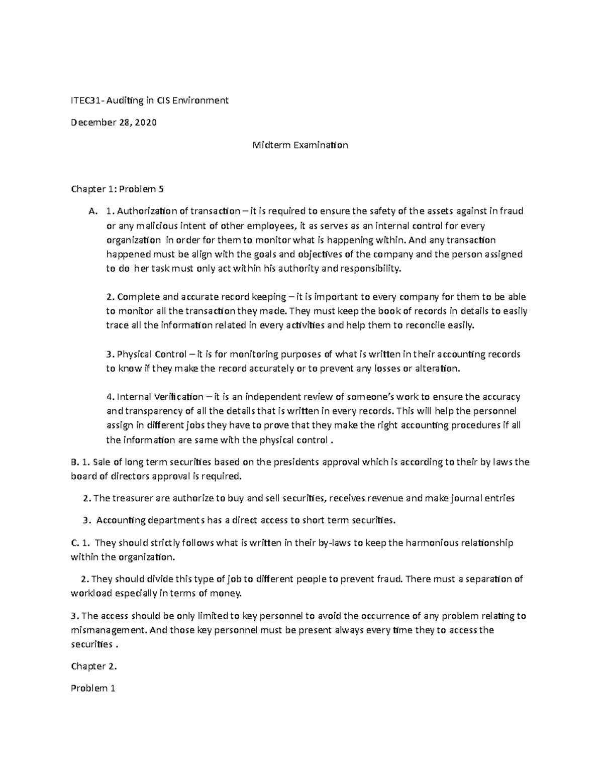 Midterm Examination for Auditing with CIS environment - ITEC31 ...