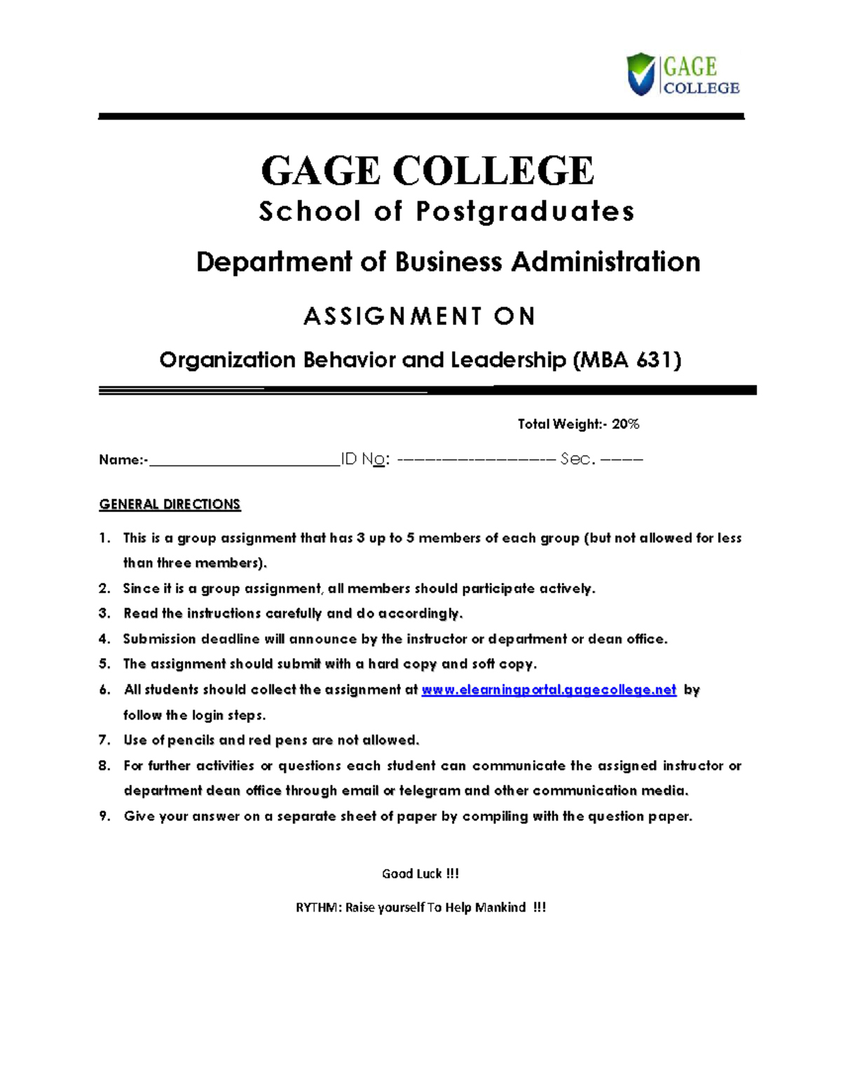 GAGE College School of Postgraduates Dep - GAGE COLLEGE School of ...