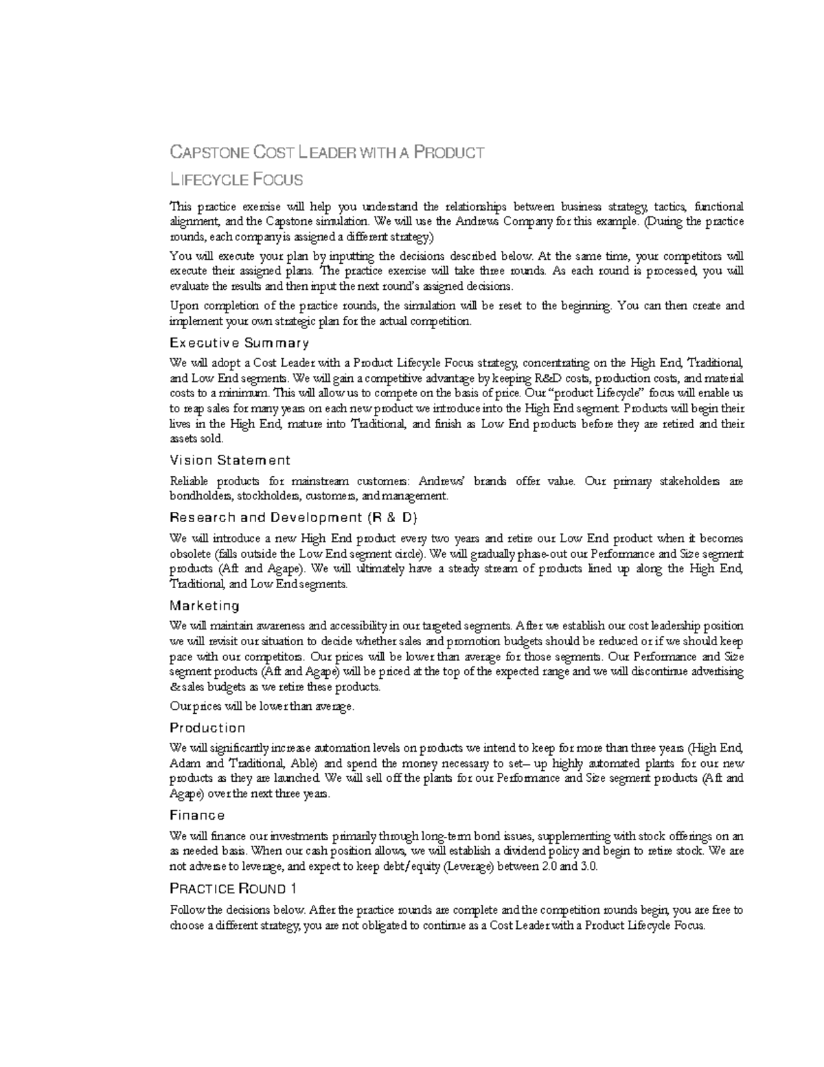 Andrews- Capstone COST Leader WITH A Product Lifecycle Focus - CAPSTONE ...