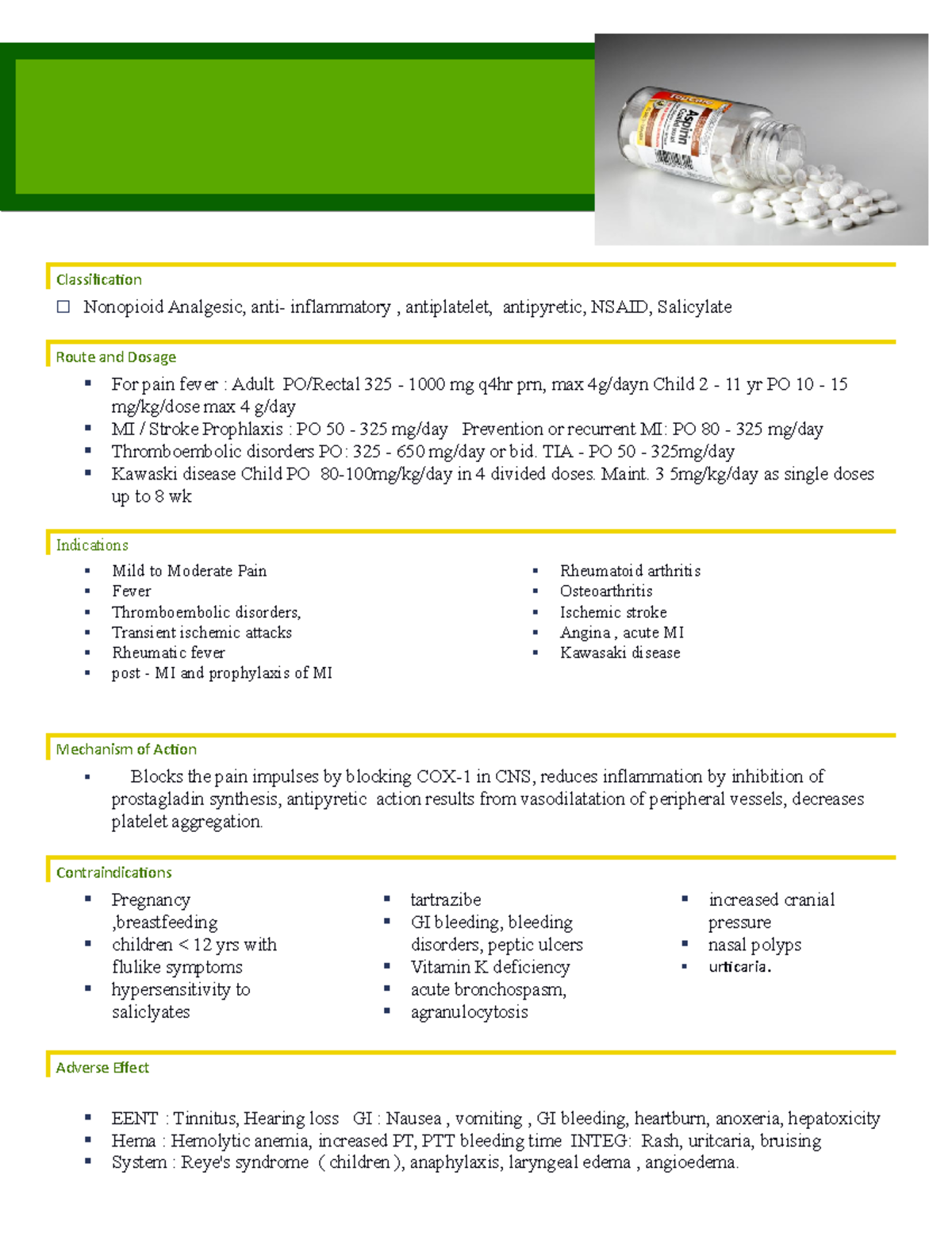 Drug Study ASA - Aspirin (ASA, Acetylsalicyclic acid ) Brand Name ...