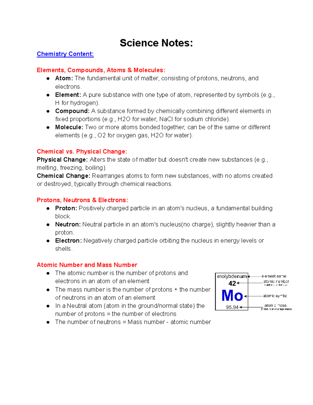 Science Year 10 Study Notes Final - Science Notes: Chemistry Content ...
