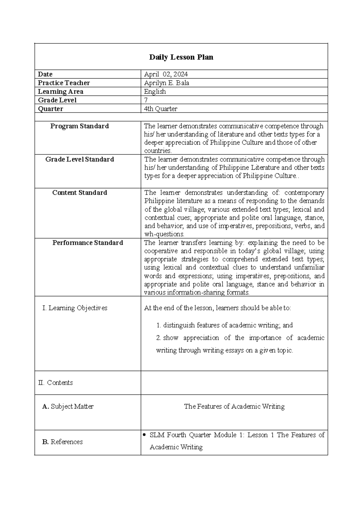 Semi Detailed Lesson Plan - Daily Lesson Plan Date April 02, 2024 ...