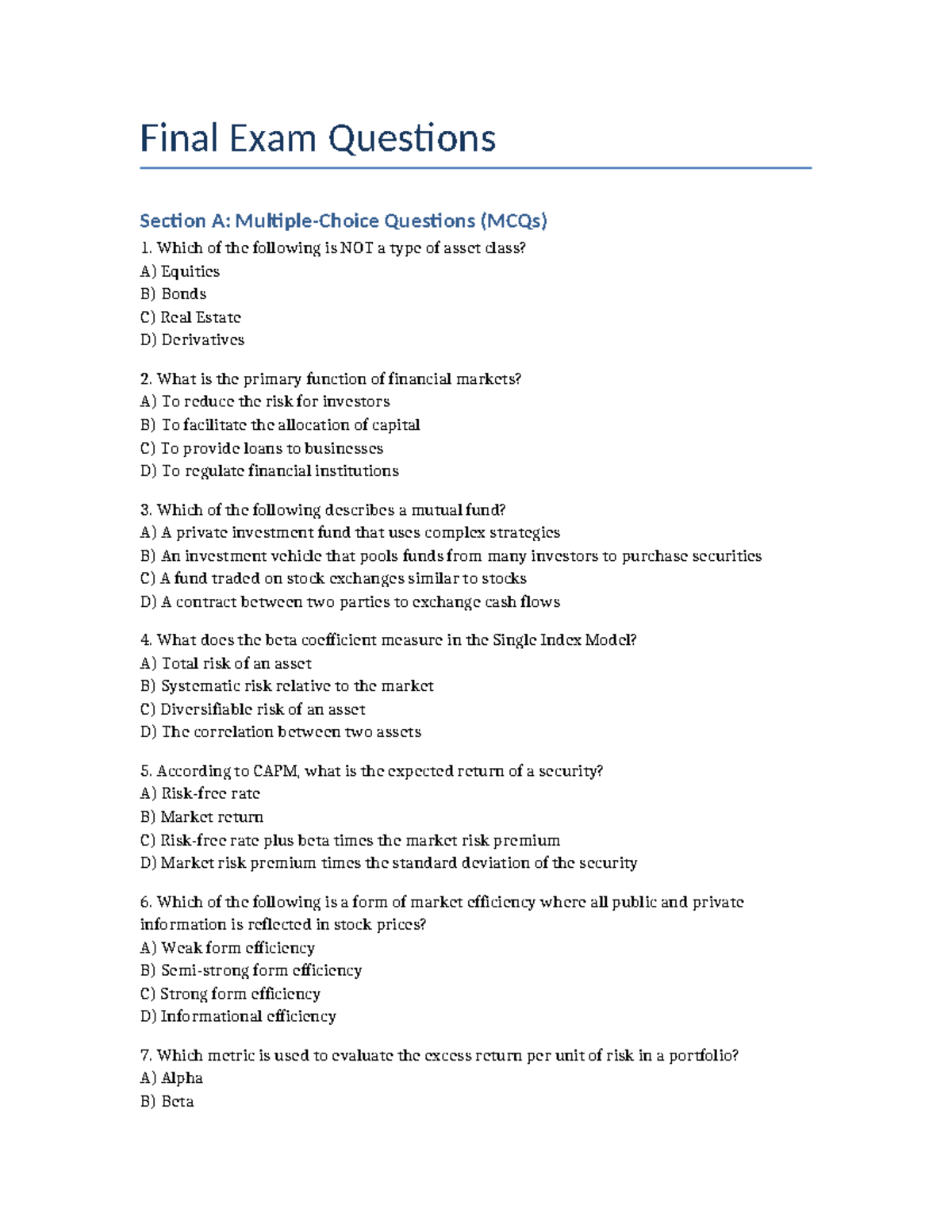 Final Exam Questions - Final Exam Questions Section A: Multiple-Choice ...