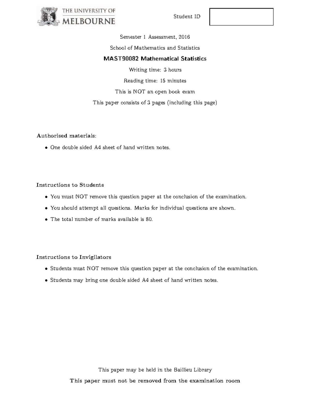 MAST Semester 1 2016 - ! Student ID Semester 1 Assessment, 2016 School ...