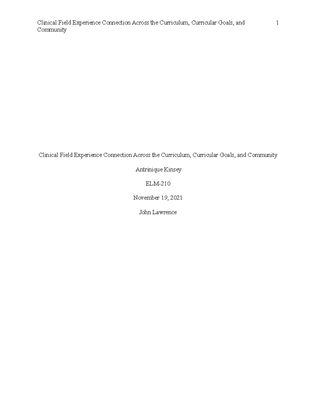 ELM-210 Clinical Field Experience - Clinical Field Experience ...