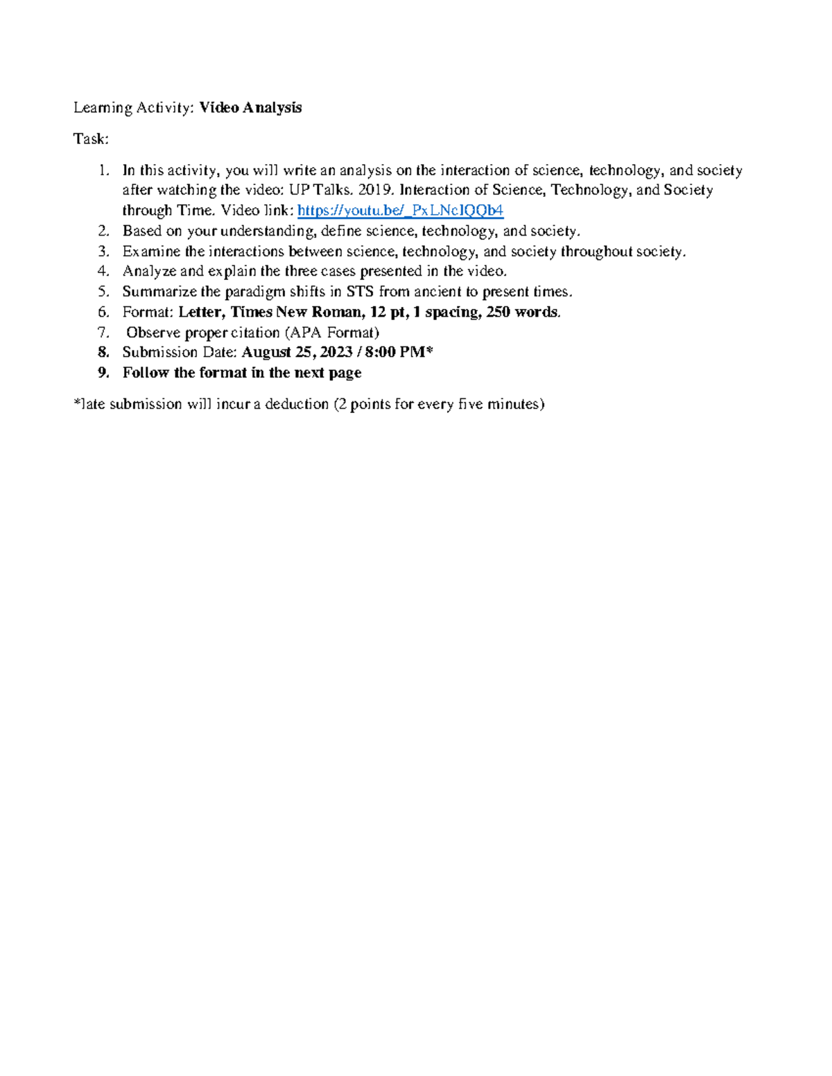 Activity Video-Analysis - Learning Activity: Video Analysis Task: In ...
