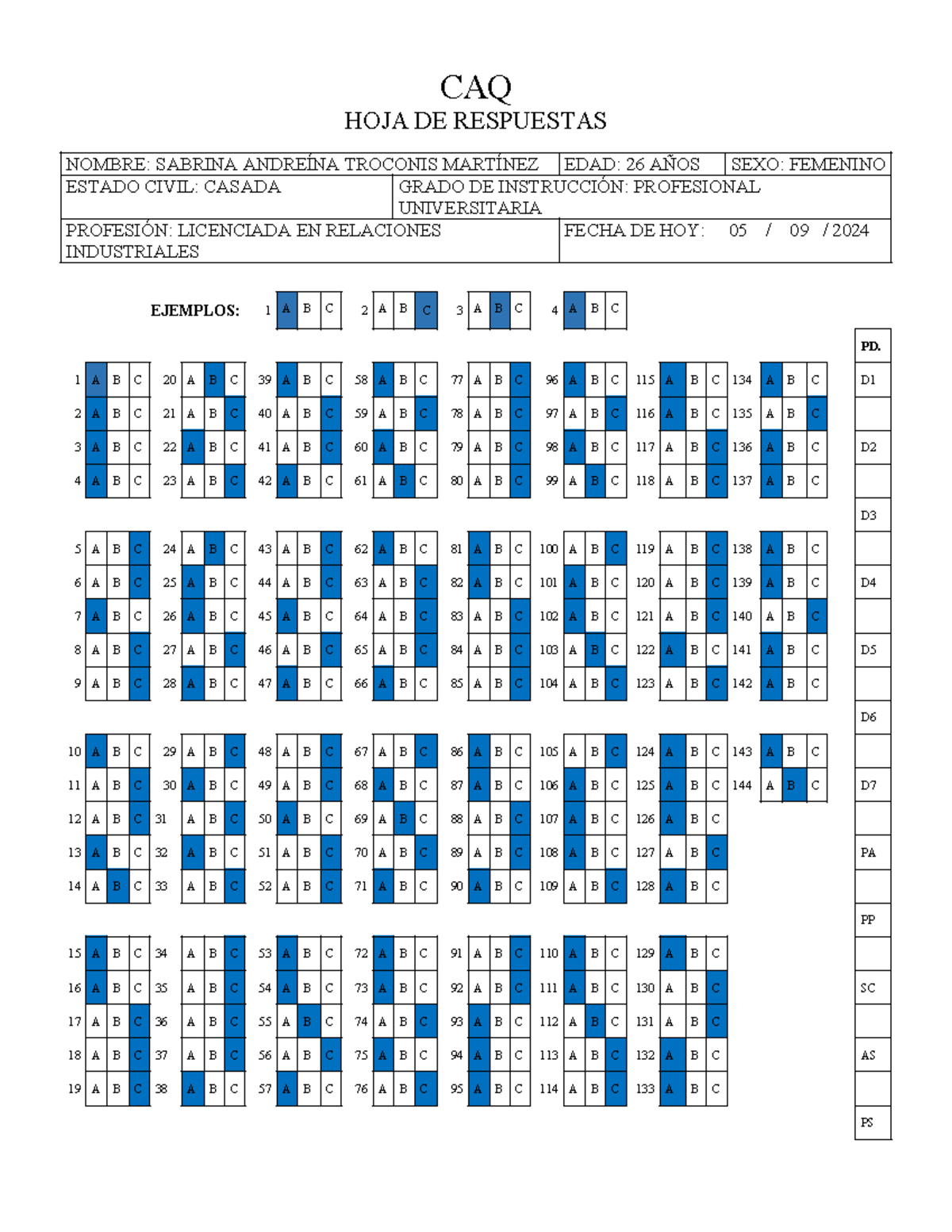 CAQ - Respuestas Sabrina Troconis EPA - CAQ HOJA DE RESPUESTAS NOMBRE ...