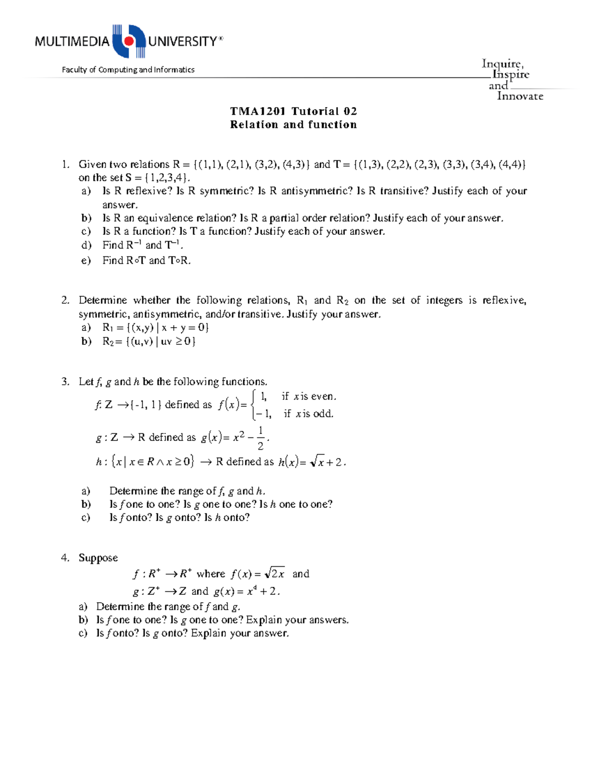 Tutorial 02 Relation And Function Faculty Of Computing And Informatics Tma1201 Tutorial 02