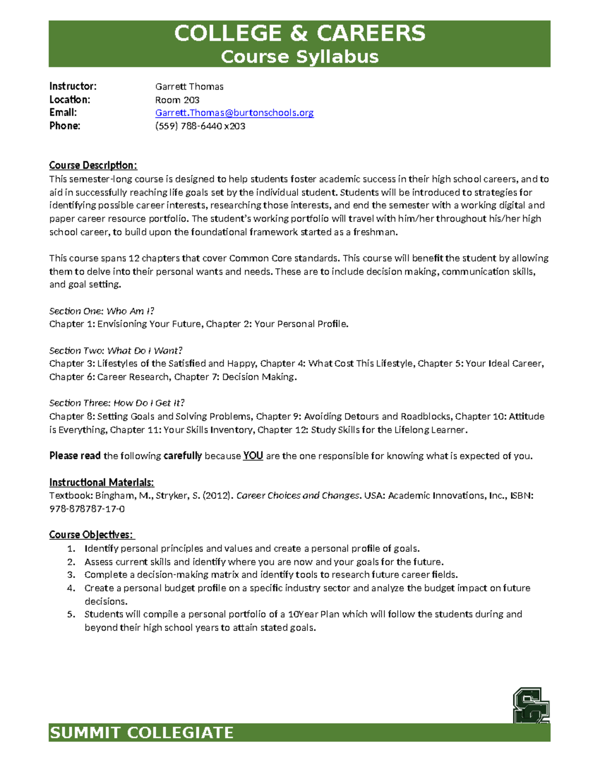 College & Careers - Syllabus 2024-25 - COLLEGE & CAREERS Course ...