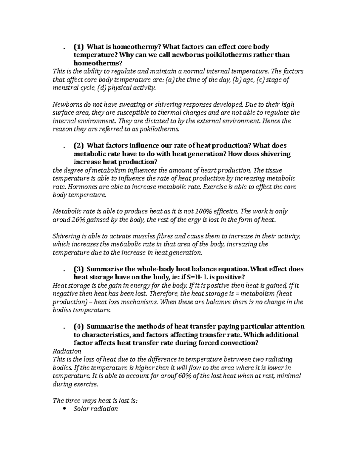 Thermal revision questions - . (1) What is homeothermy? What factors ...