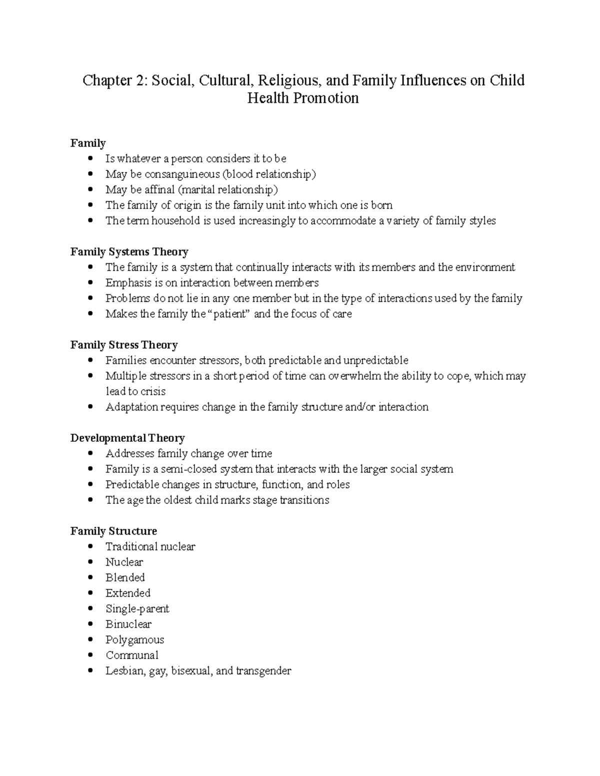 Chapter 2 outline - Chapter 2: Social, Cultural, Religious, and Family ...