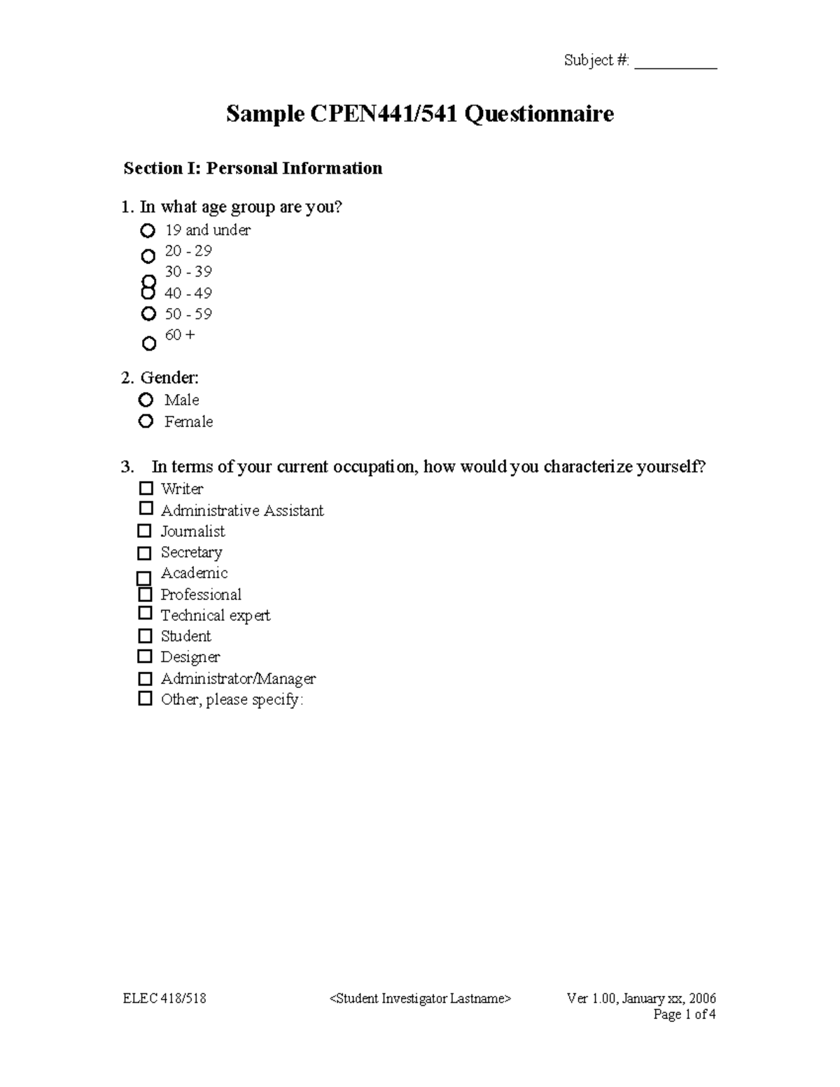 CPEN441 541 Sample Questionnaire - Sample CPEN441/541 Questionnaire ...