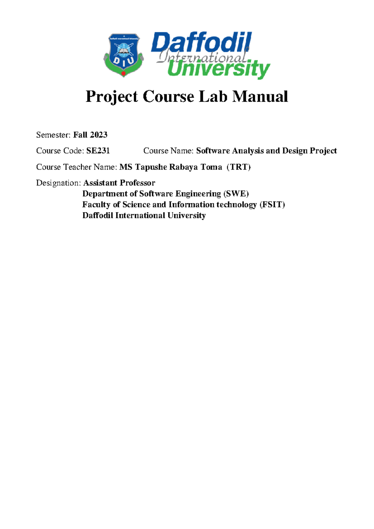 Lab Manual of SE231 Course - Project Course Lab Manual Semester: Fall 2023 Course Code: SE231 ...
