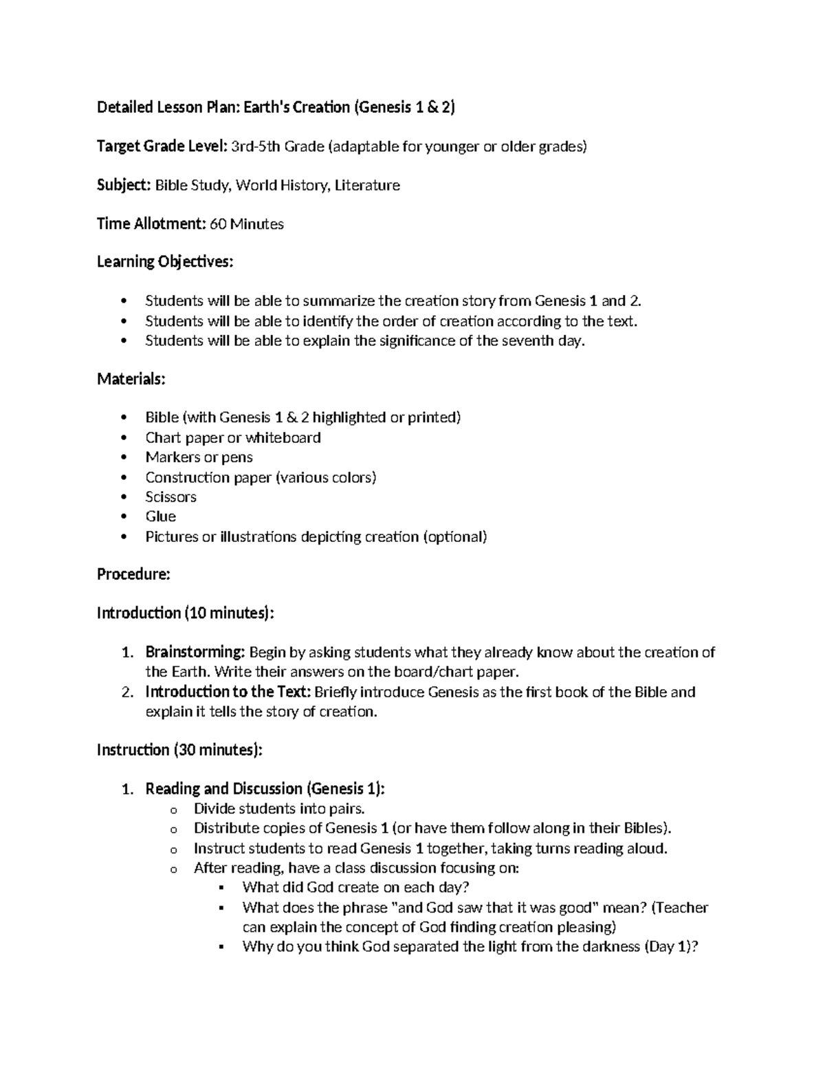 Detailed Lesson Plan - Students will be able to identify the order of ...