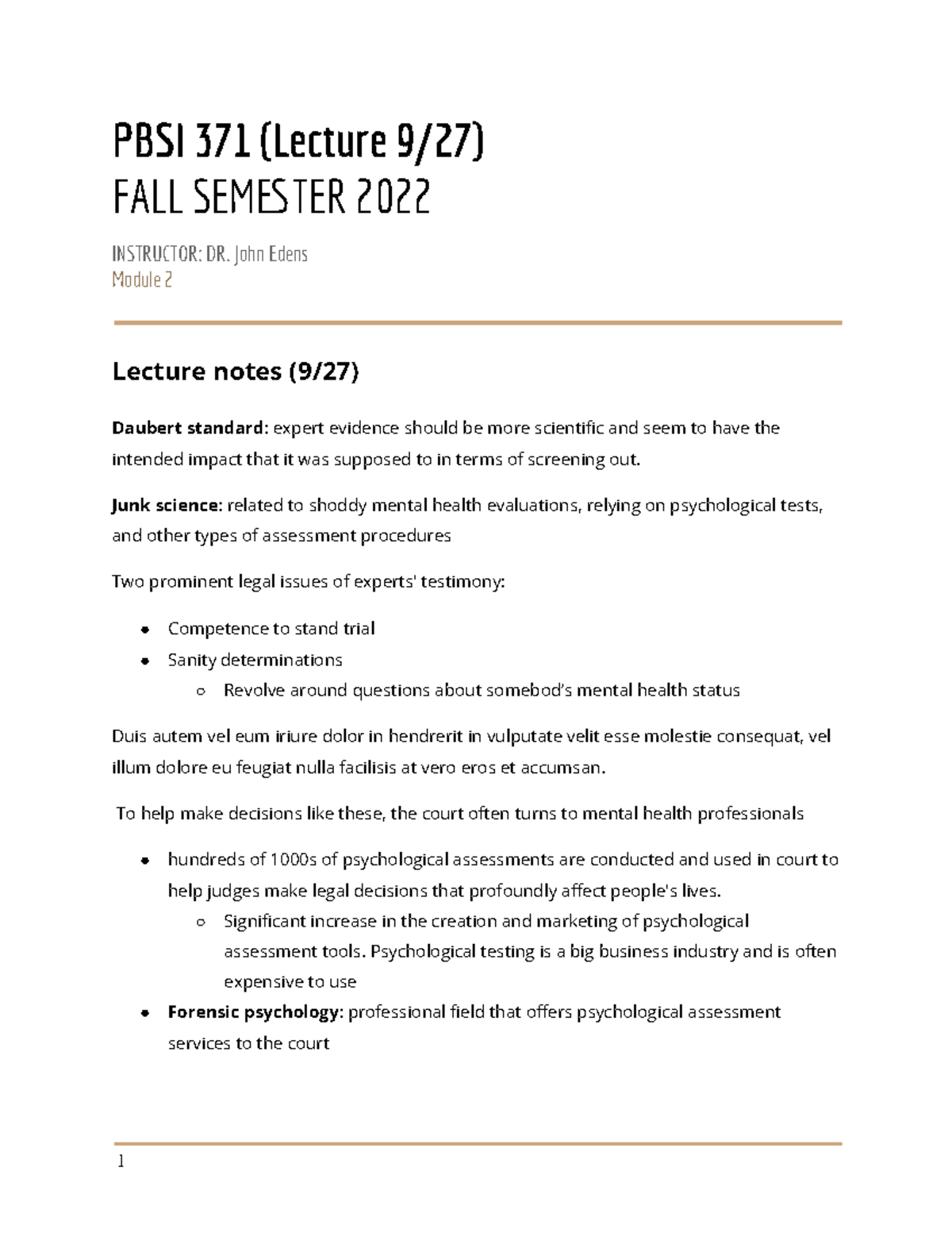 PBSI 371 Lecture (9 27) - Professor: John Edens Module 2 (Exam 2 ...