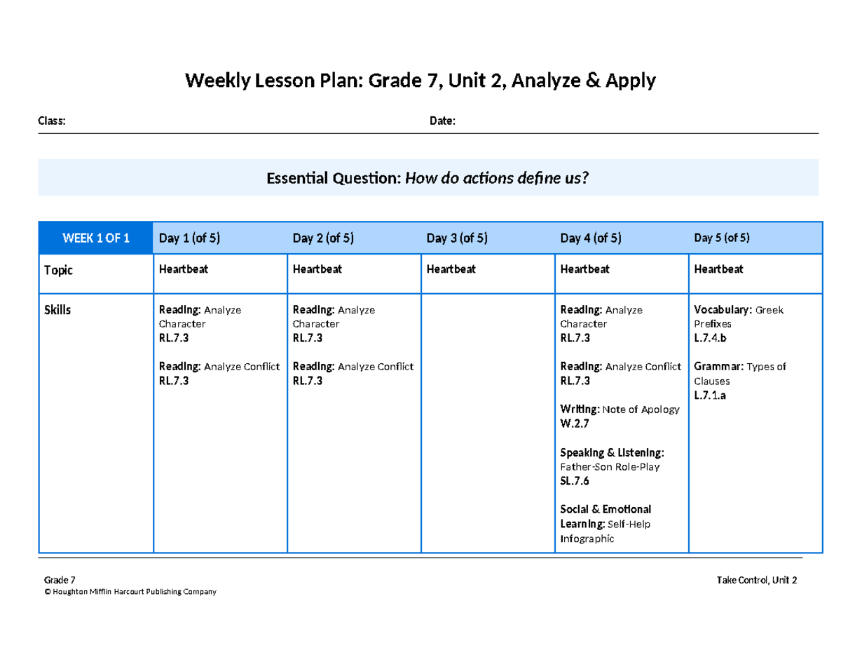 07le 13 ete heartbeat elp - Weekly Lesson Plan: Grade 7, Unit 2 ...