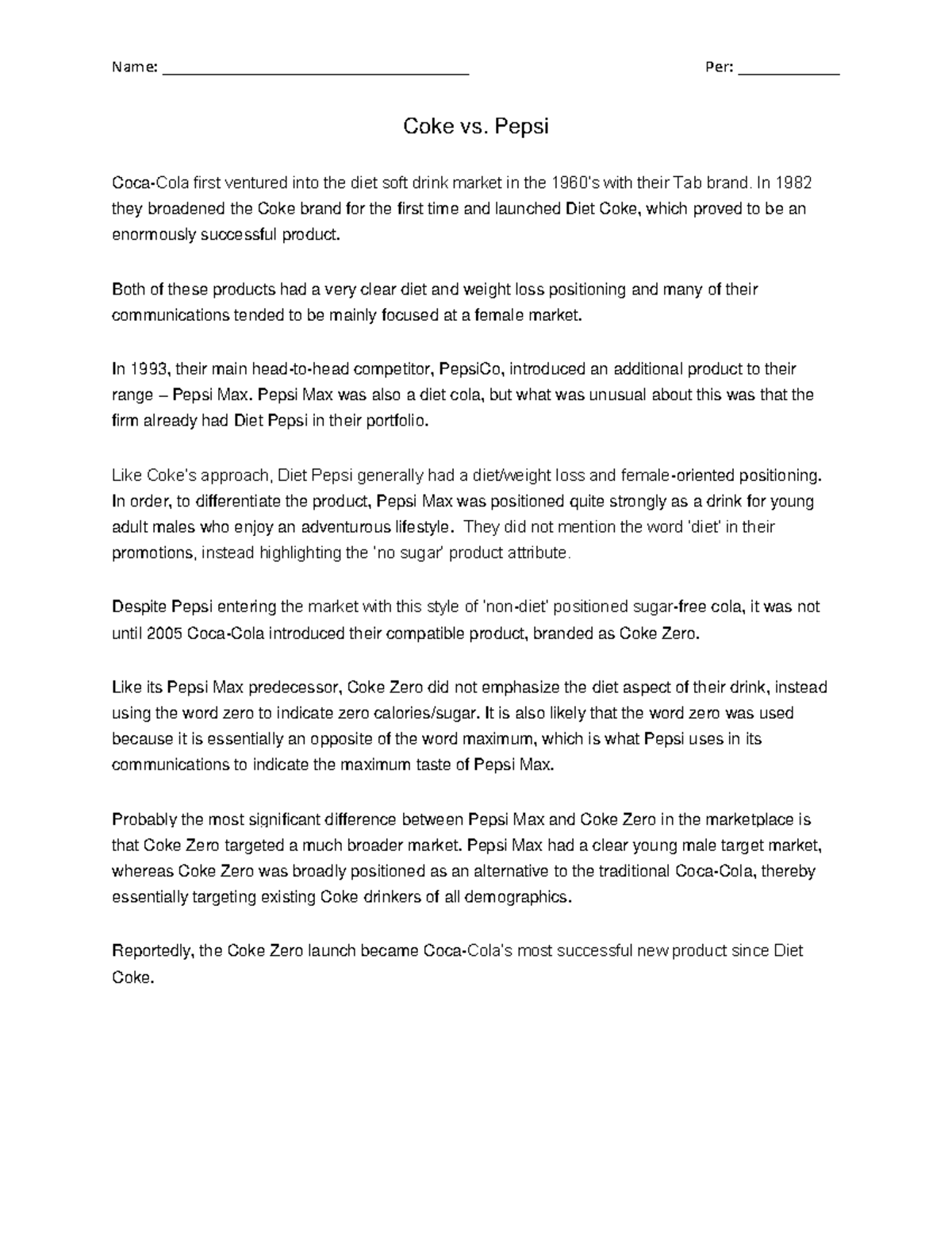 Coke vs pepsi - Name: ____________________________________ Per ...