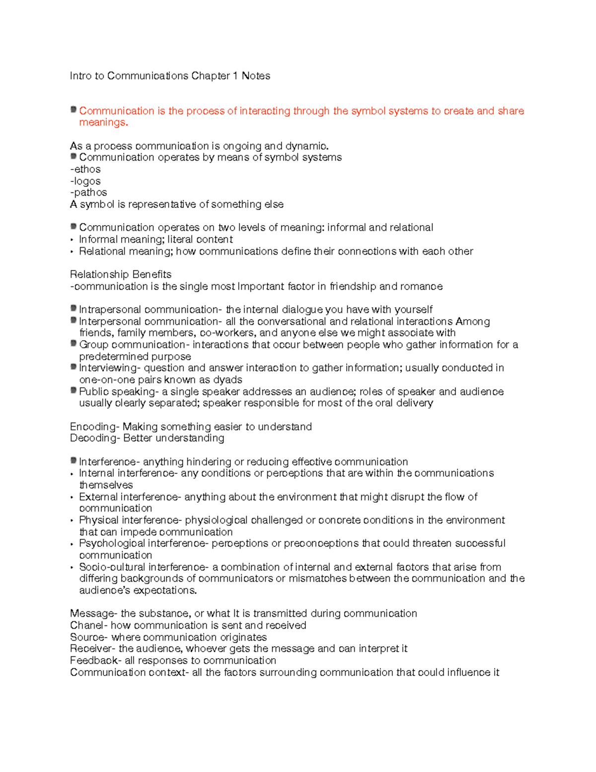 Notes 1 - Intro to Communications Chapter 1 Notes Communication is the ...