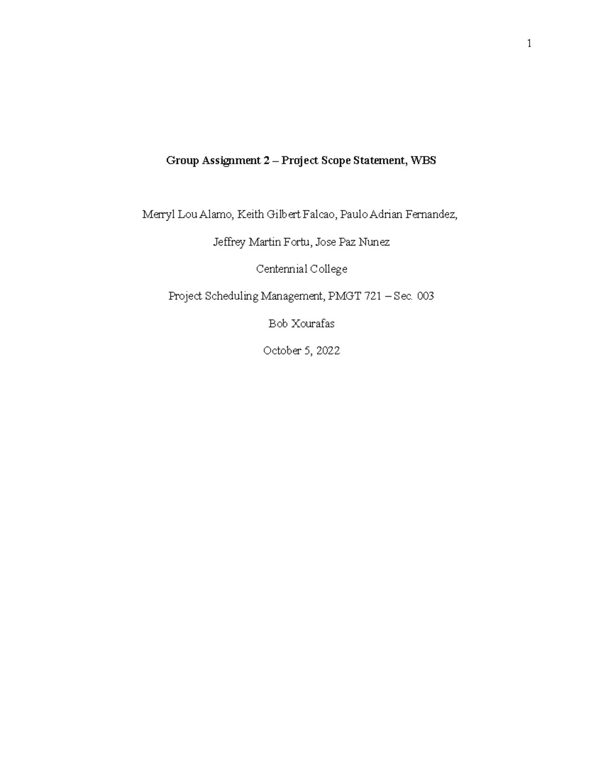 PMGT 721 Project Scope, WBS Group 4(pm) - Group Assignment 2 – Project Scope Statement, WBS ...