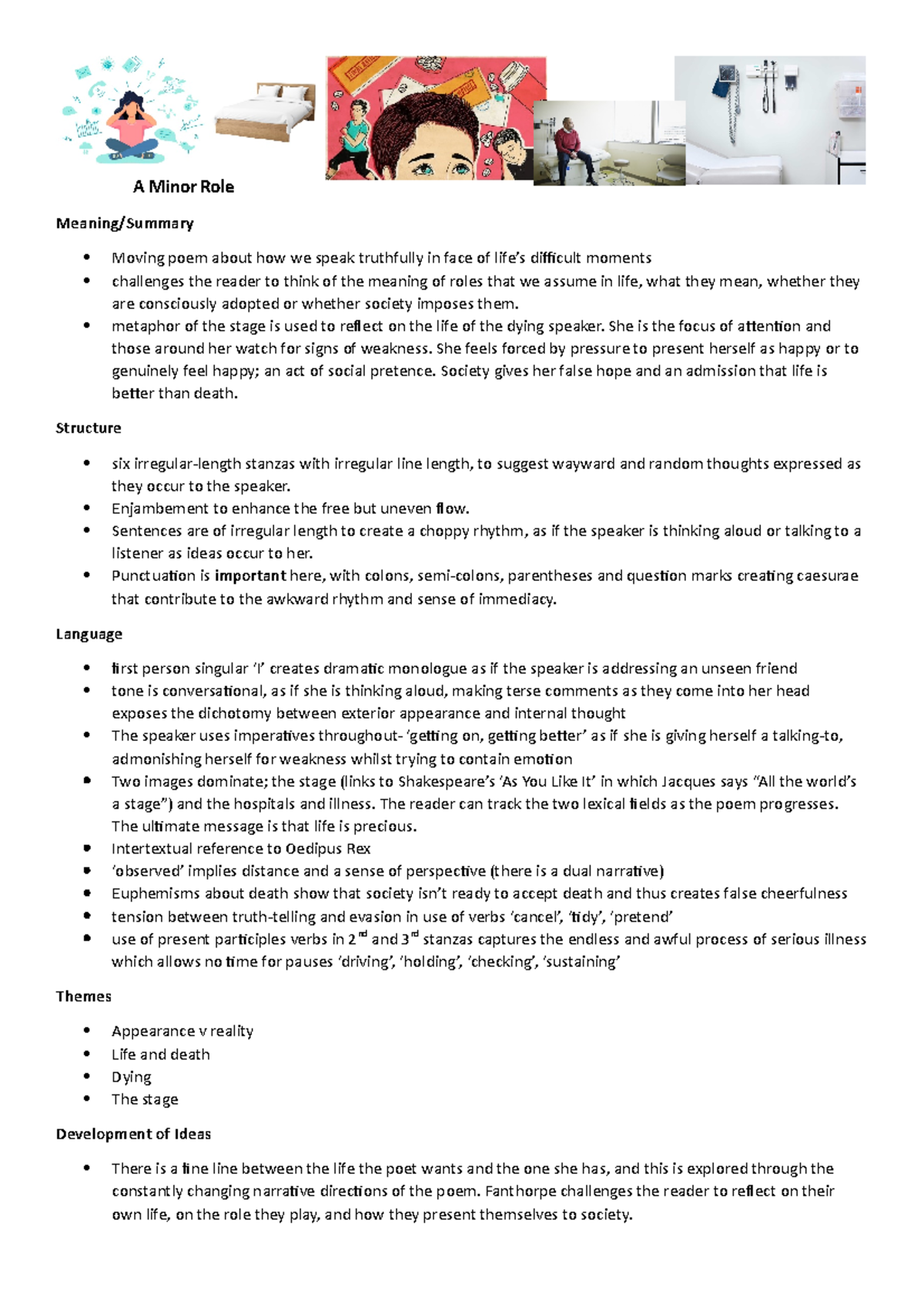 MODERN POETRY A Minor Role SUMMARY SHEET A Minor Role Meaning Summary