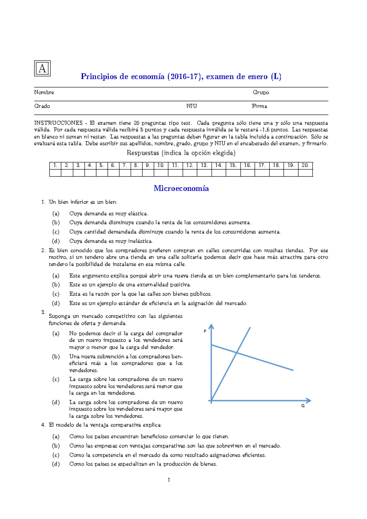 Examen Principio de economía 2017 - Principios de econom ́ıa (2016-17), examen de enero (L) A ...