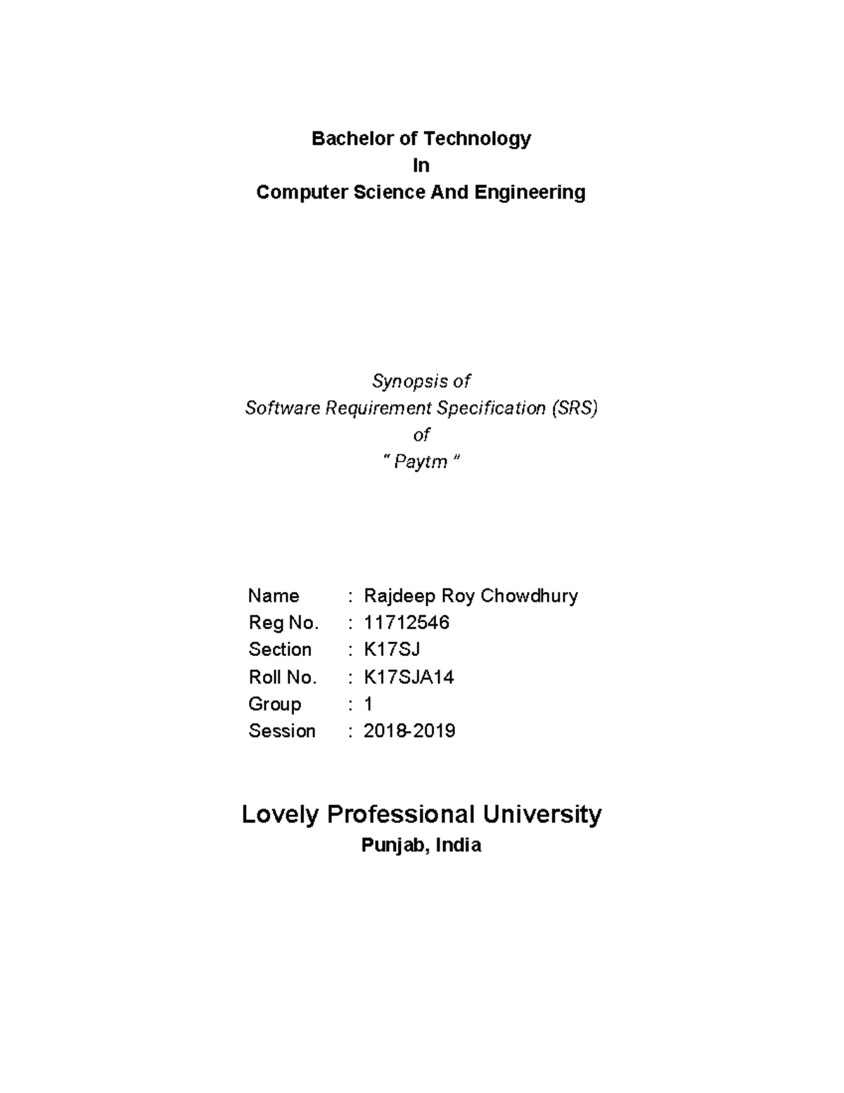 Paytm SRS Synopsis - Bachelor of Technology In Computer Science And ...