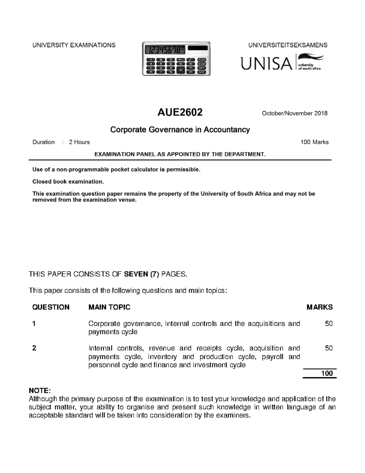 AUE2602 2018 10 1 - Exam - THIS PAPER CONSISTS OF SEVEN (7) PAGES. This ...