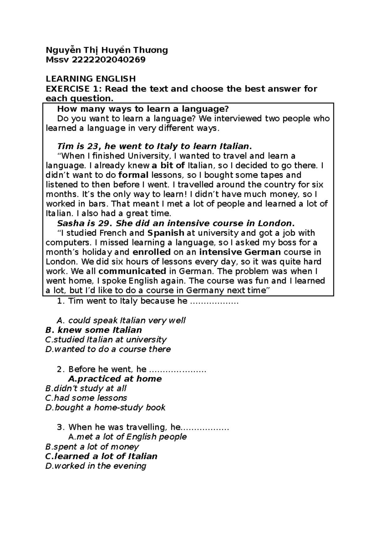 Reading - Hshsh - Nguyễn Thị Huyền Thương Mssv 2222202040269 LEARNING ...