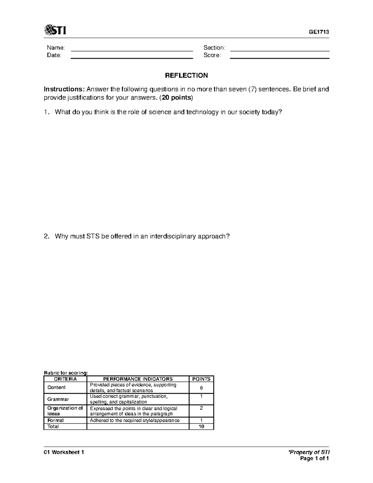 01 Worksheet 1 LECTURE NOTES FOR THIS SEM - GE 01 Worksheet 1 *Property ...