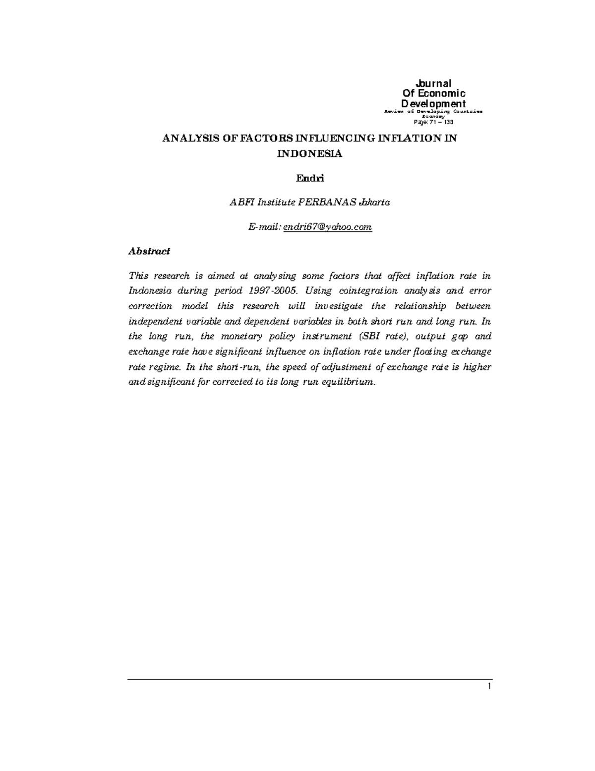 factors influencing inflation in indonesia - Journal Of Economic D ...