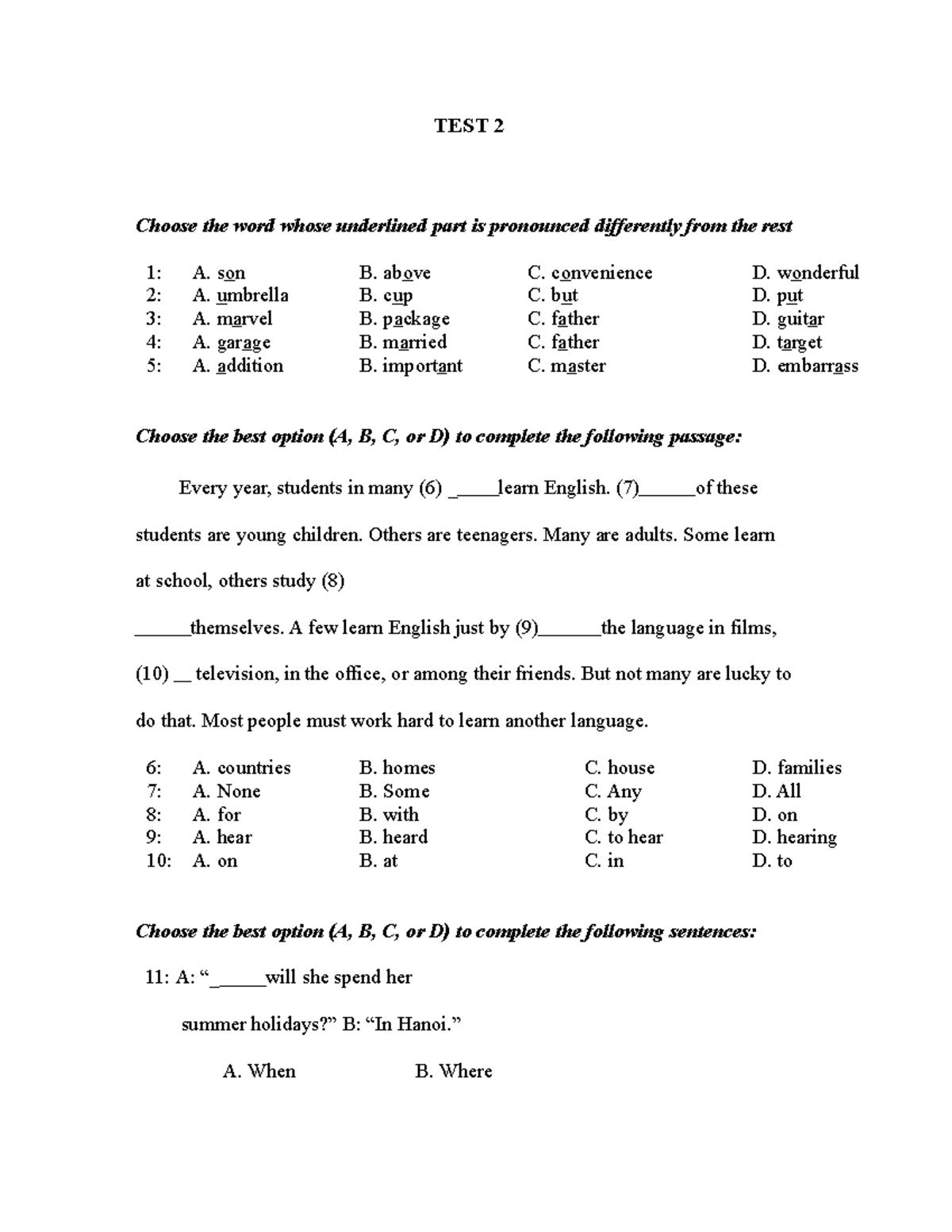 2 - english practice assignment - TEST 2 Choose the word whose ...