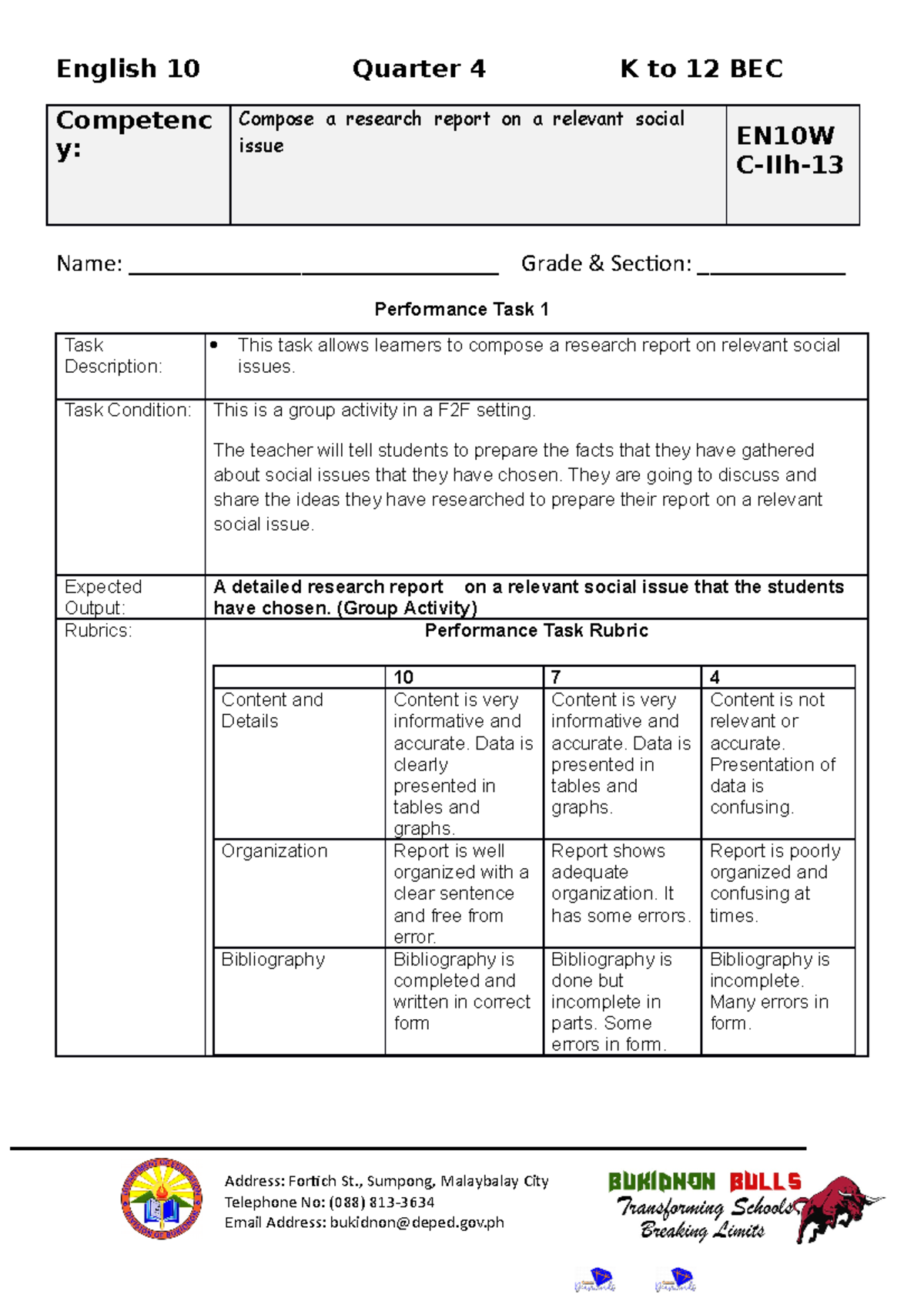 PBA-Template - Performance Based Assessment template - English 10 ...