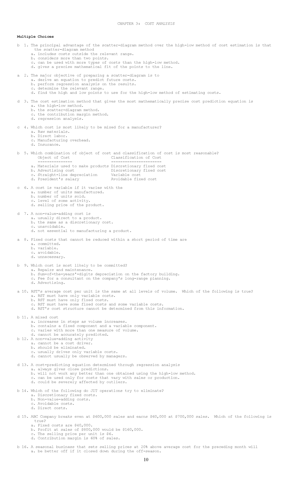 Mas 3 Practice Questions For Chapter 3 Cost Analysis multiple