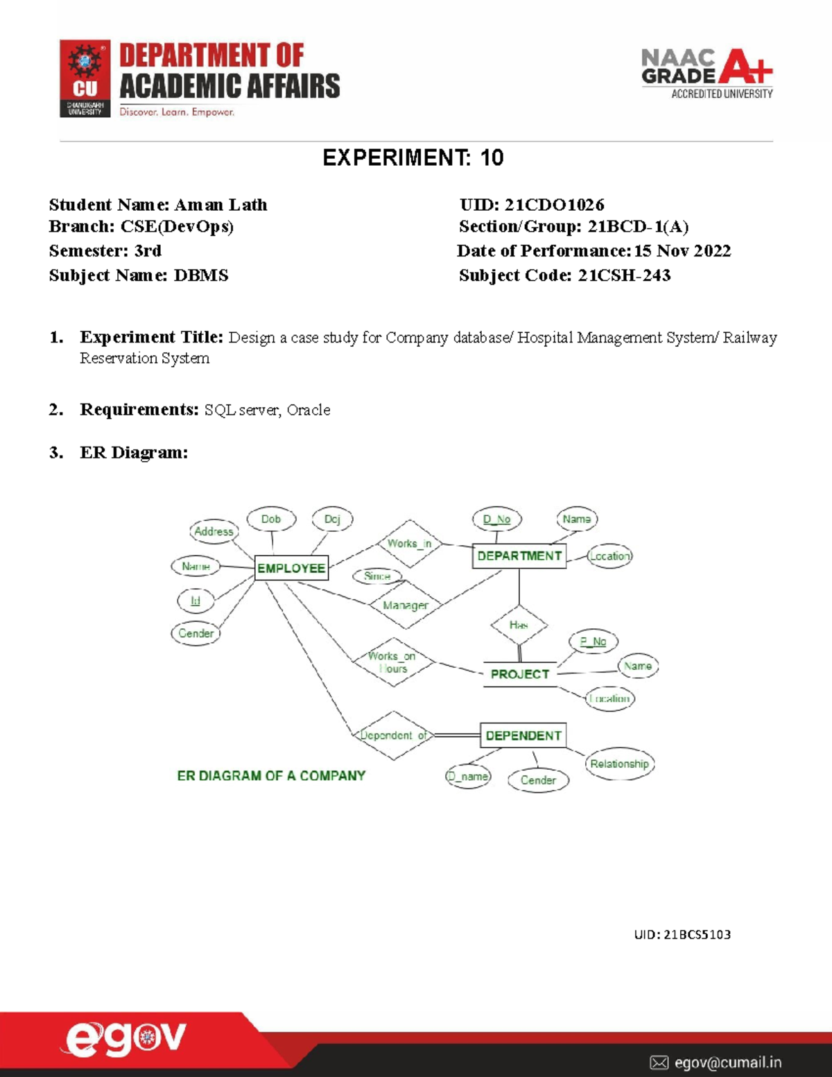 8543dbms10 - sds - EXPERIMENT: 10 Student Name: Aman Lath UID: 21CDO ...