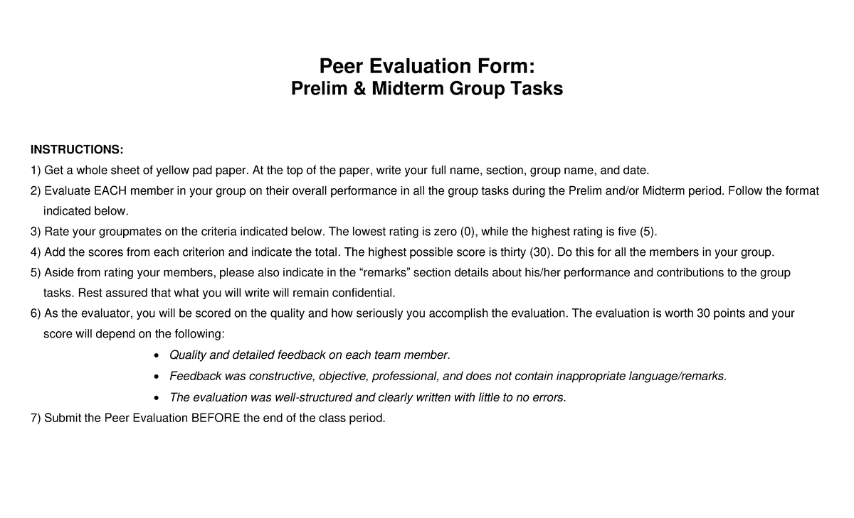 Peer Evaluation (2023-2024) - Peer Evaluation Form: Prelim & Midterm ...