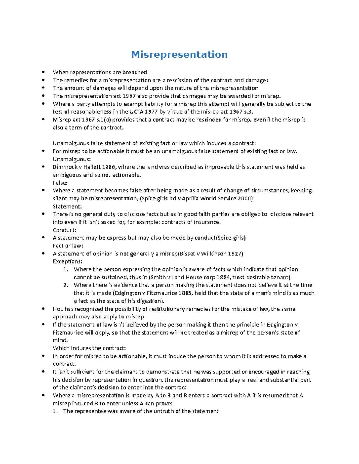 Contract law: Notes Misrepresentation - Misrepresentation When - Studocu
