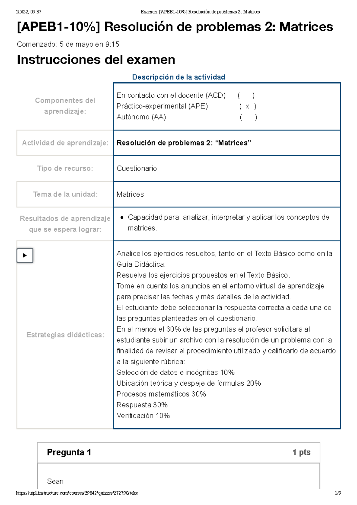 Examen [APEB 1-10%] Resolución de problemas 2 Matrices - [APEB1-10%] Resolución de problemas 2 ...
