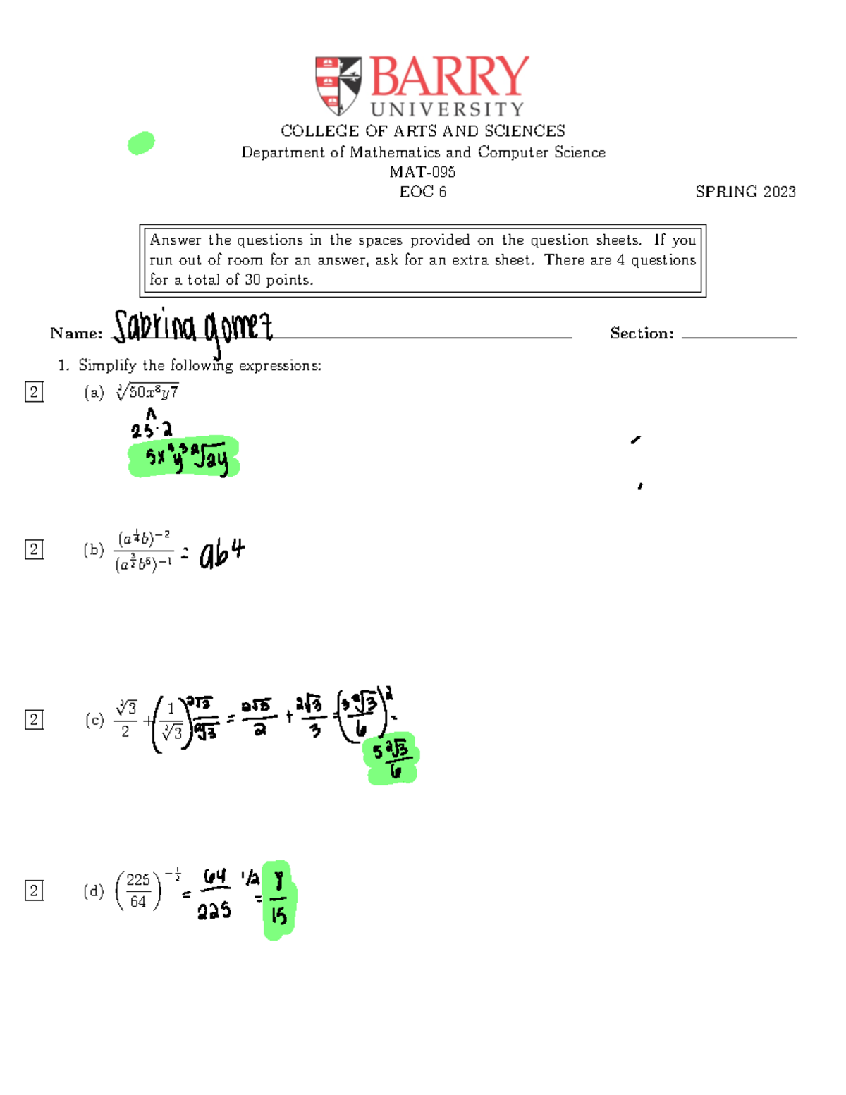Mat095 - practice eocs - COLLEGE OF ARTS AND SCIENCES Department of ...