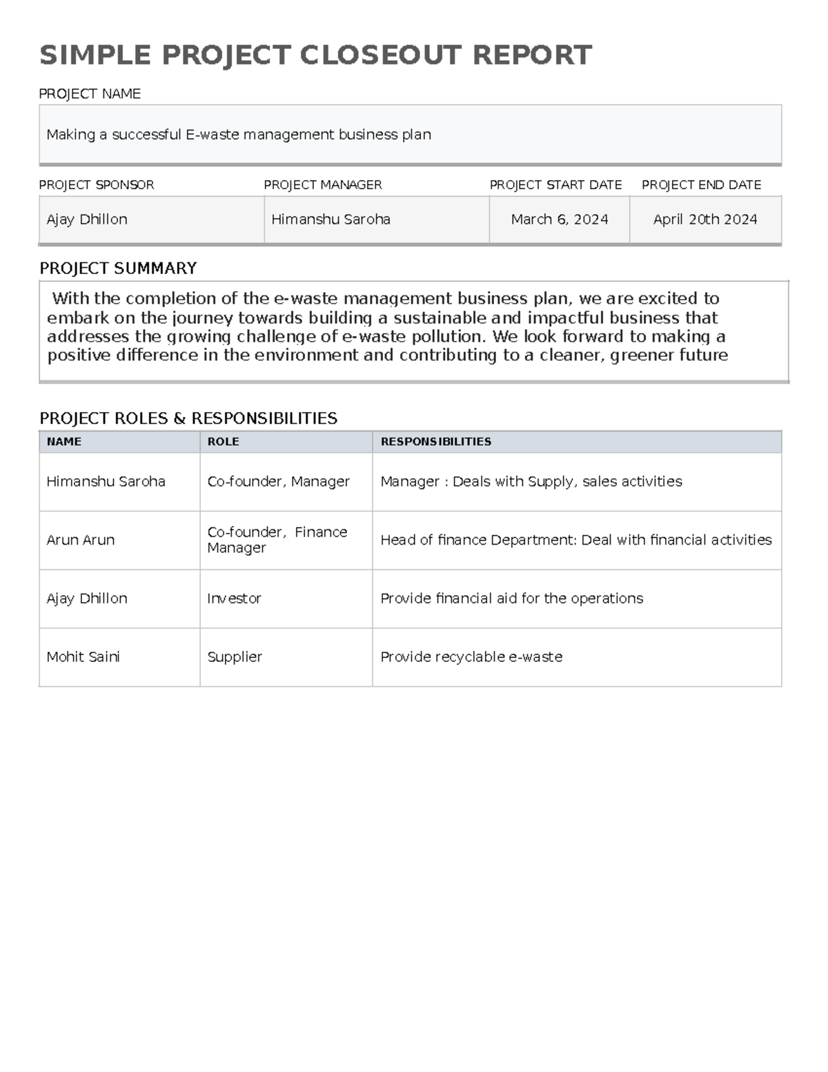 Project closing copy - SIMPLE PROJECT CLOSEOUT REPORT PROJECT NAME ...