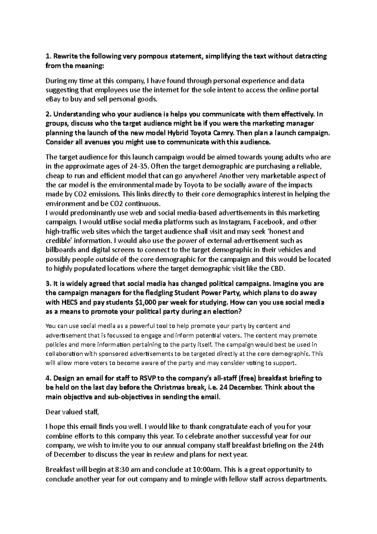 COM10007 WEEK 2 TUTE WORK - 1. Rewrite the following very pompous ...