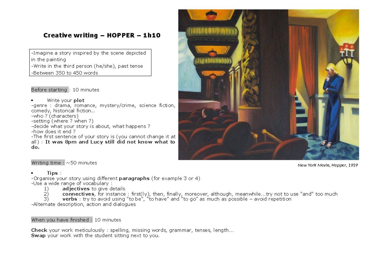 Creative writing Hoppernewyorkmovie - Creative writing – HOPPER – 1h ...