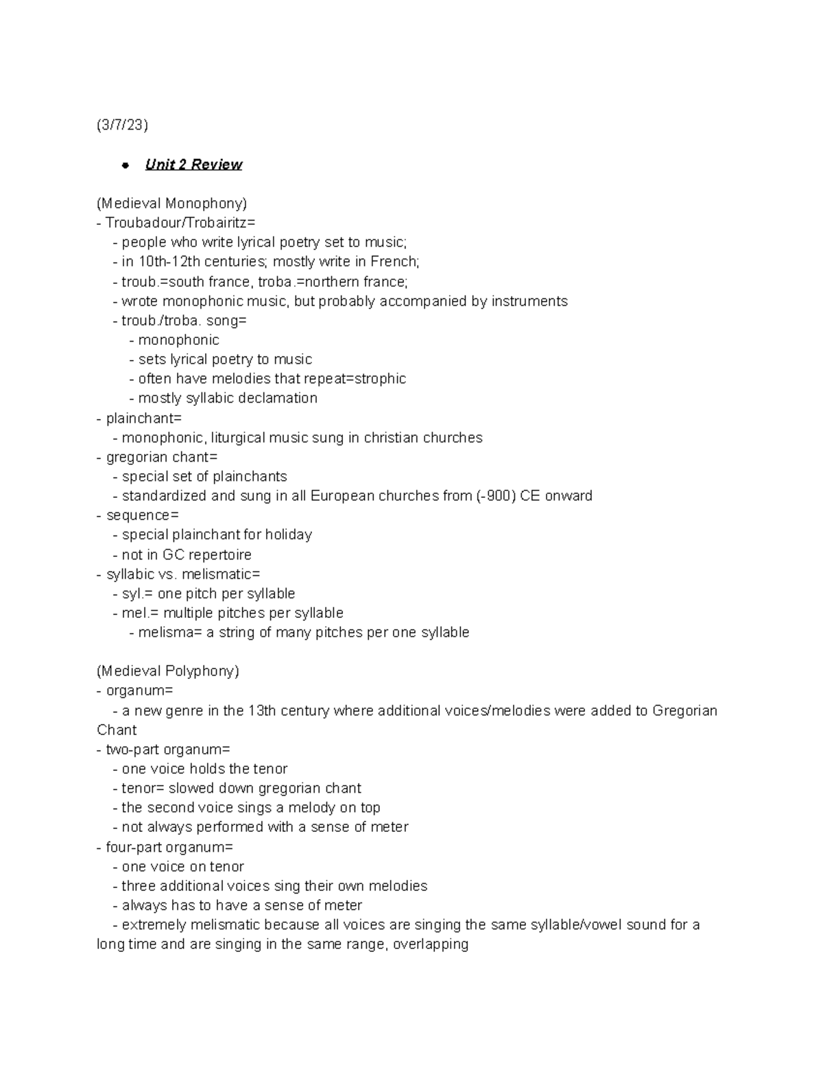 Music 1003 part 3 - (3/7/23) Unit 2 Review (Medieval Monophony ...