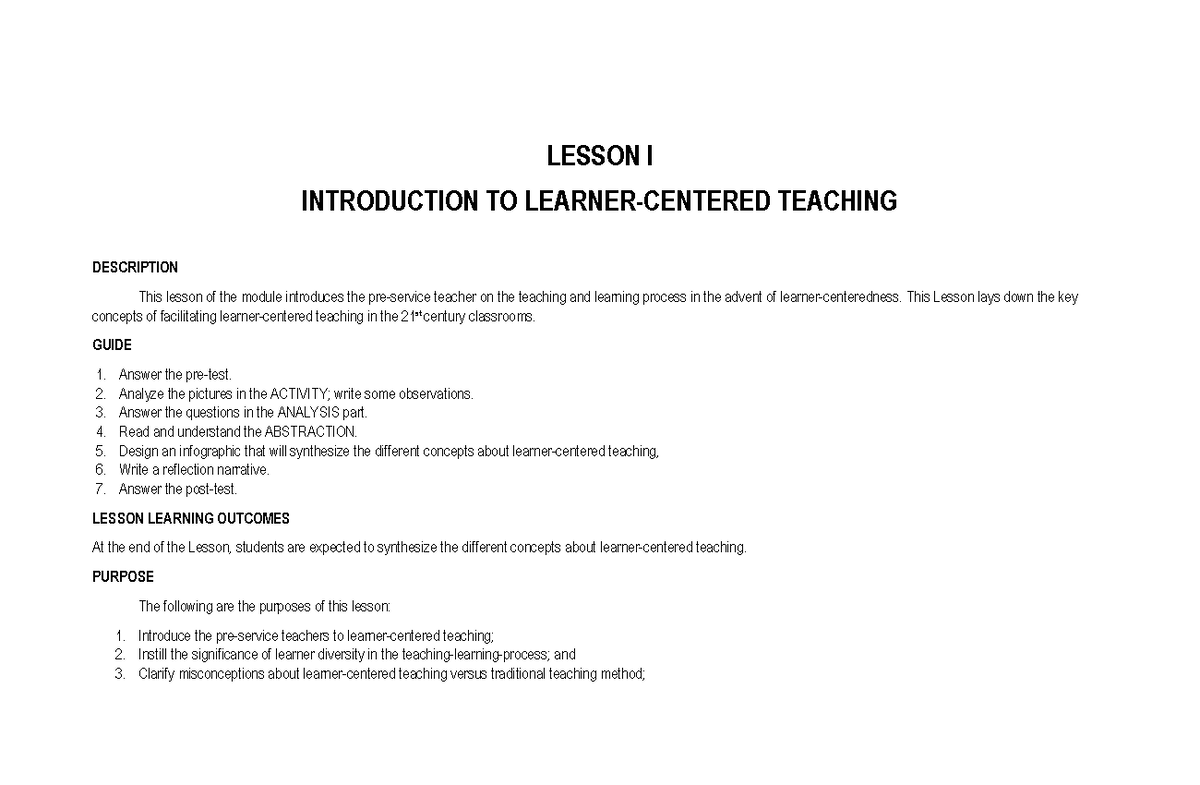 FLT - Module 1 Lesson 1 - LESSON I INTRODUCTION TO LEARNER-CENTERED ...