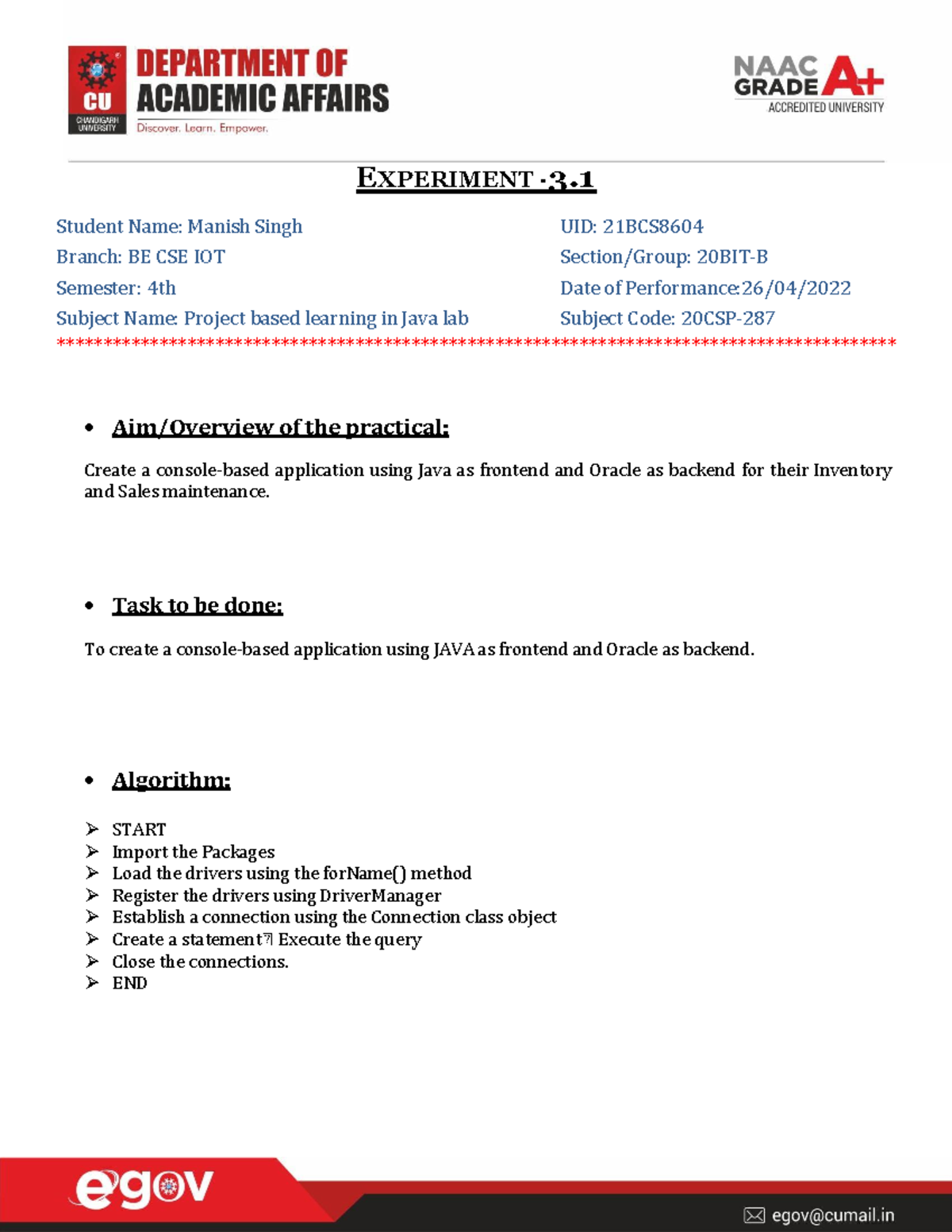 Worksheet - 3.1 21BCS8604 - EXPERIMENT- 3. Student Name: Manish Singh ...