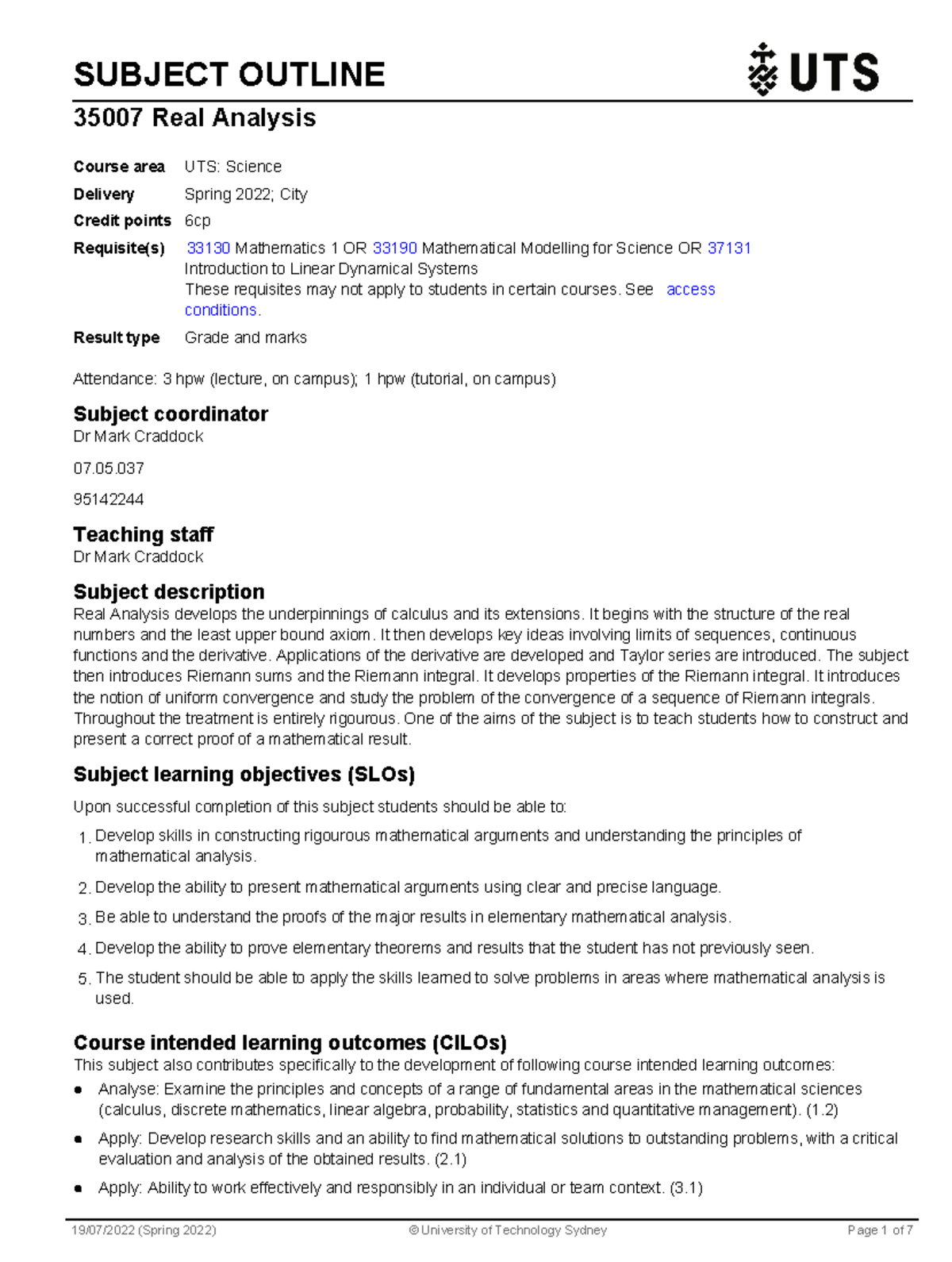 Real Anlysis Subject Outline - SUBJECT OUTLINE 35007 Real Analysis ...