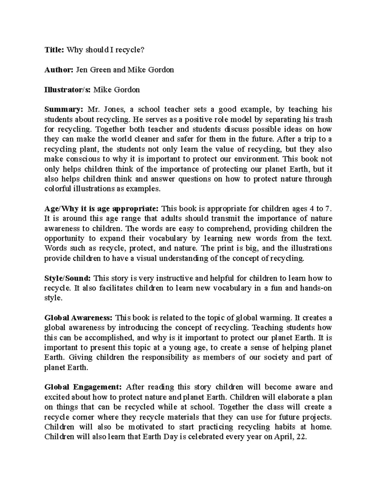 Book 2 - Book study - Title: Why should I recycle? Author: Jen Green ...