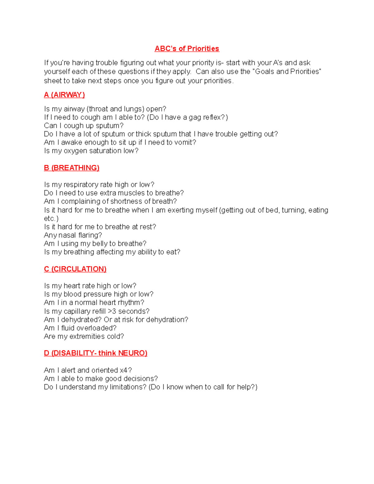 Priorities ABCD - priority assessment checklist - ABC’s of Priorities ...
